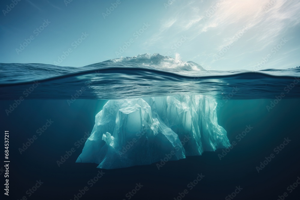 Underwater scene with iceberg floating in the sea. The partially ...
