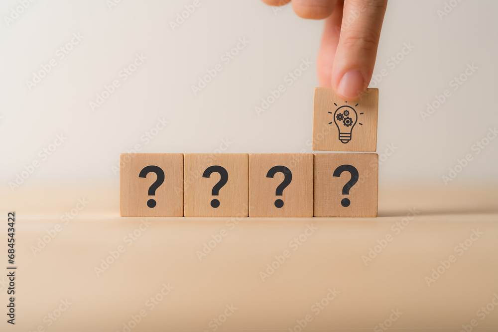 Question marks and light bulb symbolizing idea or solution. Problem ...