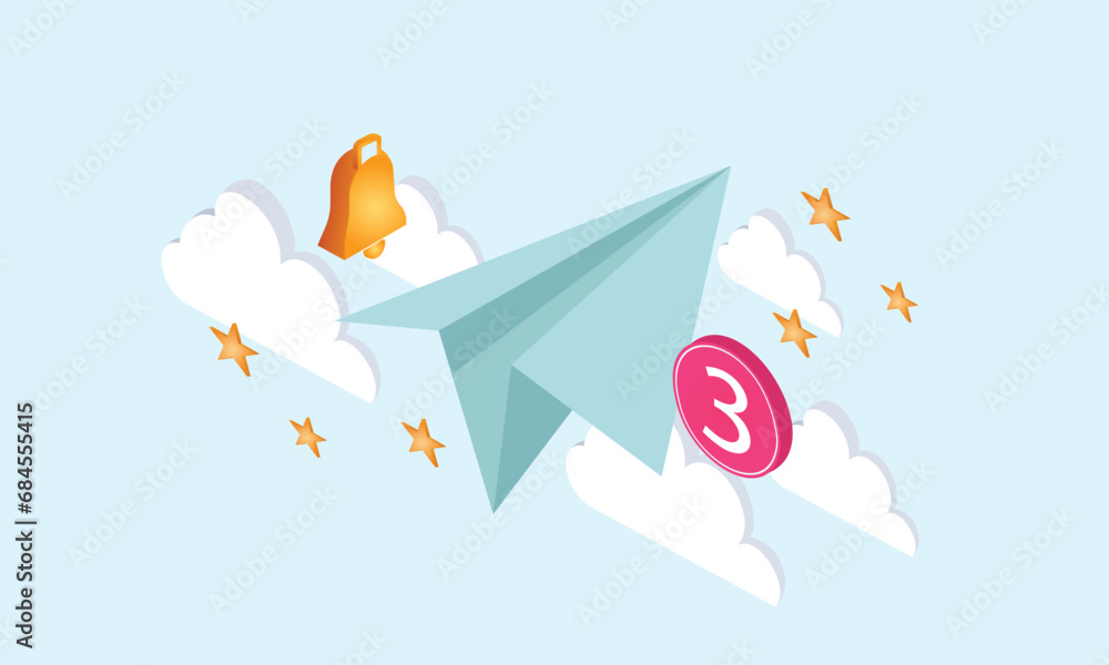 3d minimal paper plane mail icon with bell notification for new message ...