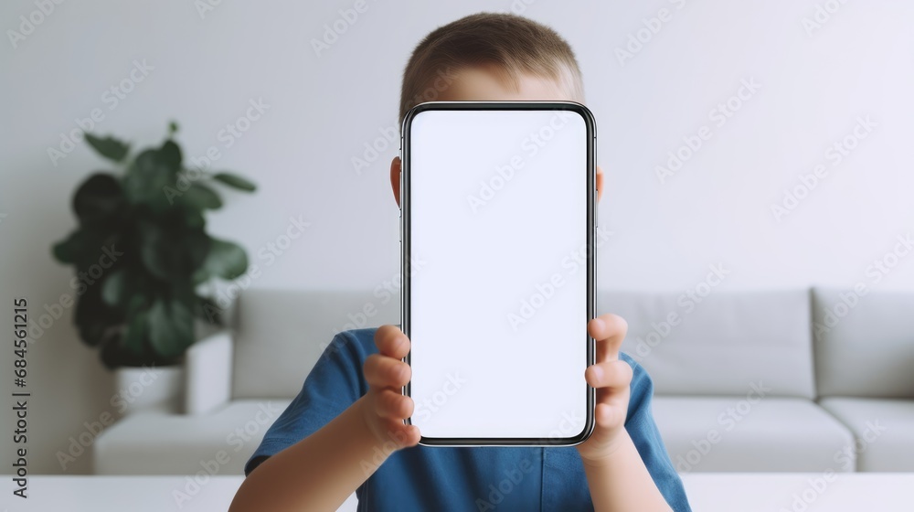 Excited child with smartphone photo realistic illustration - Generative ...