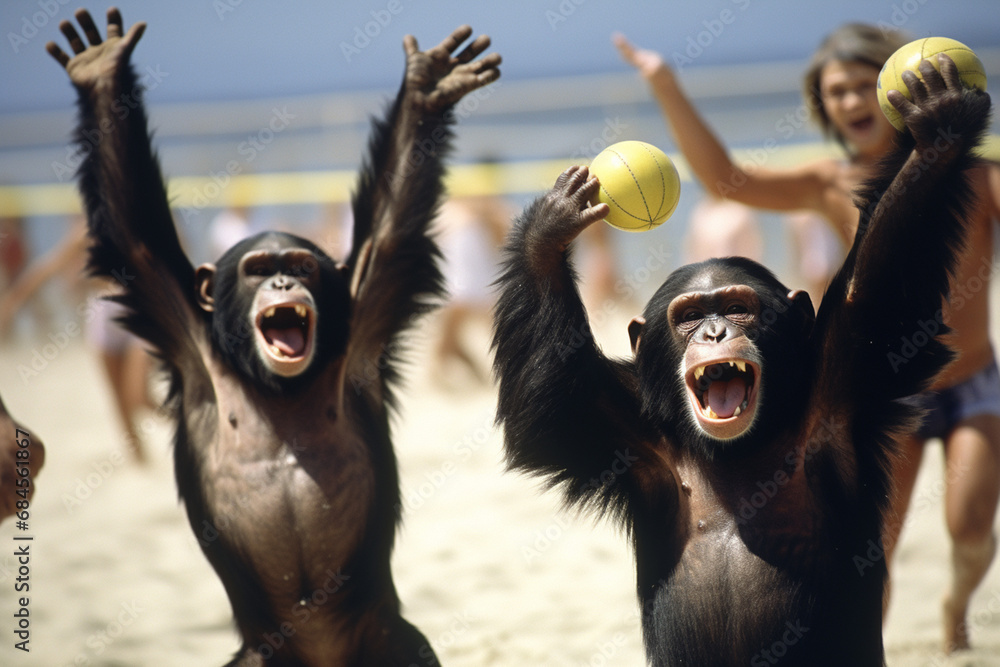 A comical depiction of chimpanzees engaging in a beach volleyball match ...