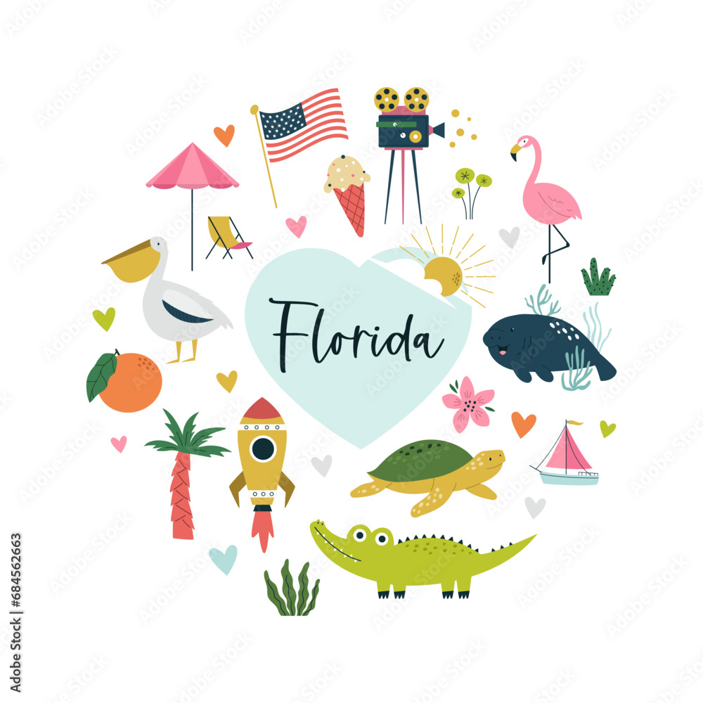 Colorful composition, circle design with famous symbols, animals of ...
