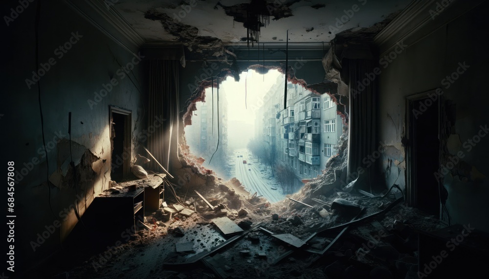 Aftermath of a bombing in a room with a gaping, smoldering hole in the ...