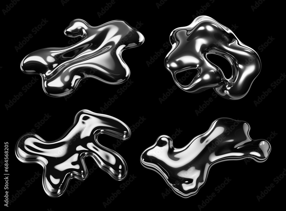 Glossy melted chrome metal shapes isolated. Trendy Y2K mercury liquid ...