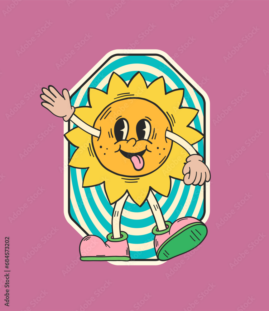Sun character. Retro cartoon character. Sun sticker. Hippie patch badge ...