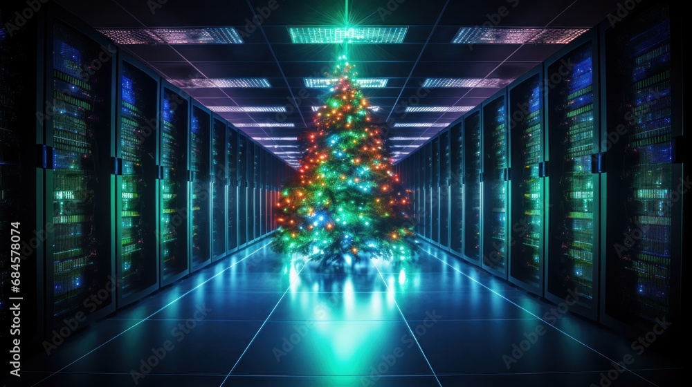 Server room stands a Christmas tree made of fiber optic cables ...