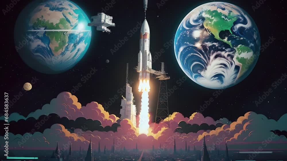 Futuristic cosmic animation with rocket launcher, deep space, galaxy ...
