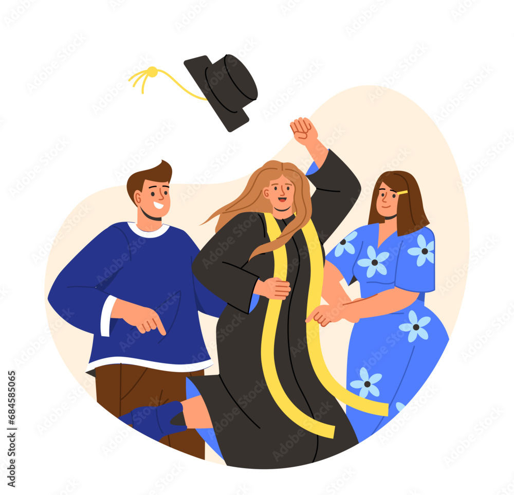 Parents and graduated student concept. Happy girl with graduation hat ...