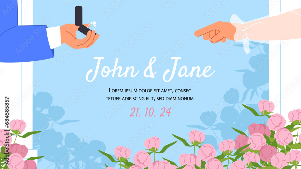 Wedding celebration banner. Wife and husband at marriage ceremony. Guy ...