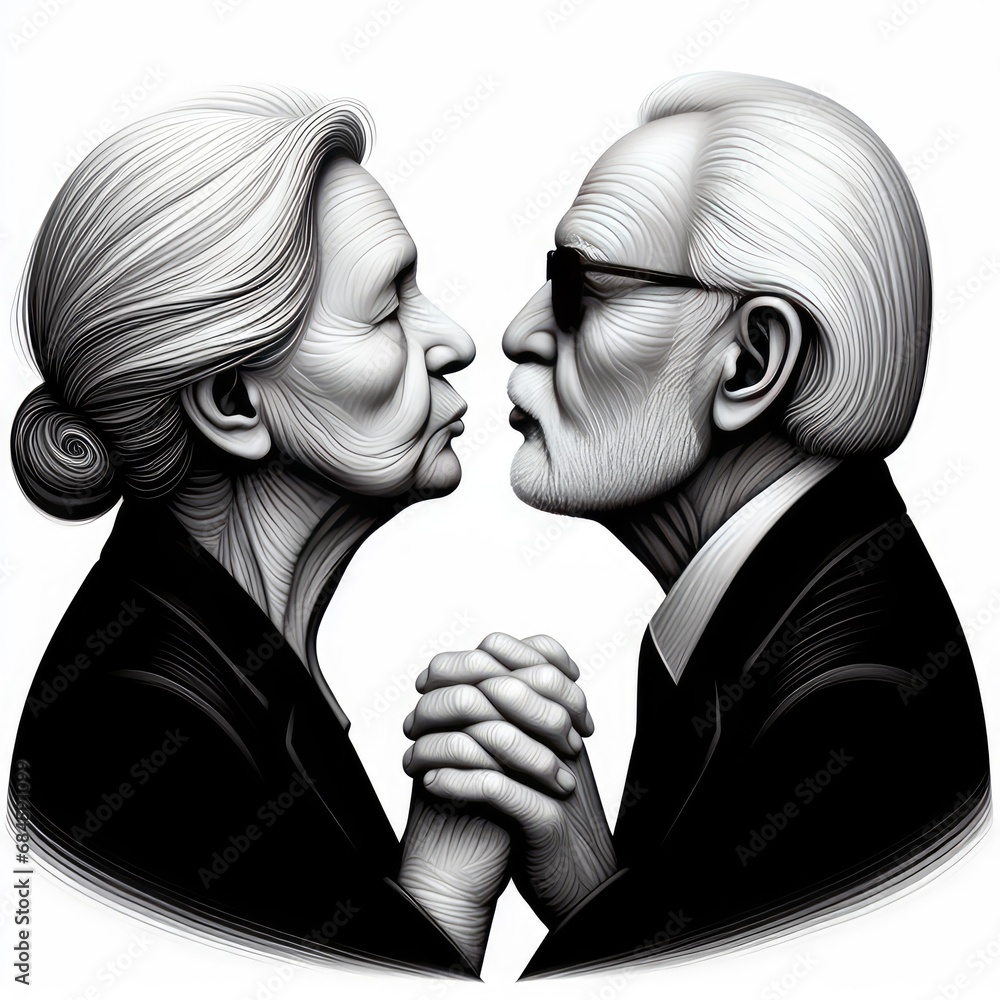 Black pen drawing image of an elderly couple kissing each other on the ...