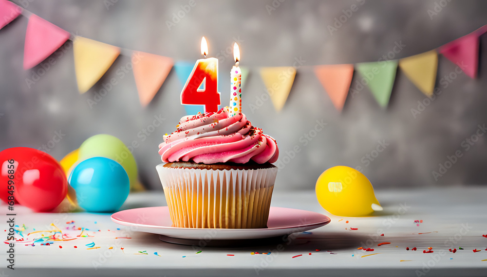 Birthday cupcake with lit birthday candle Number four for four years or ...