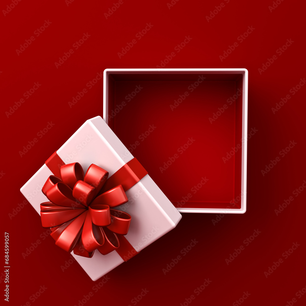 Blank white gift box open or top view of white present box tied with ...
