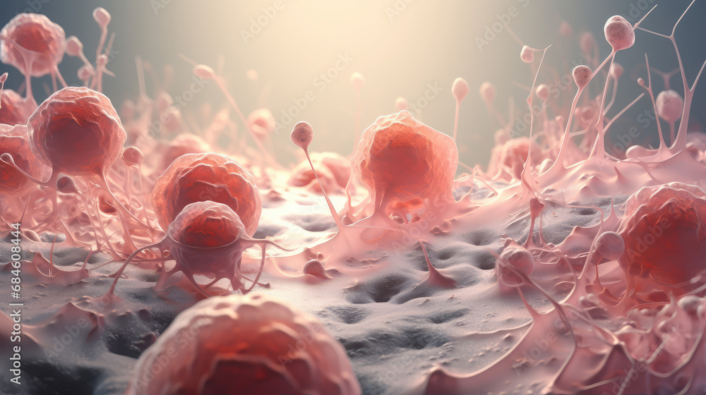 Cancer pink cells under the microscope, macro 3d rendering style ...