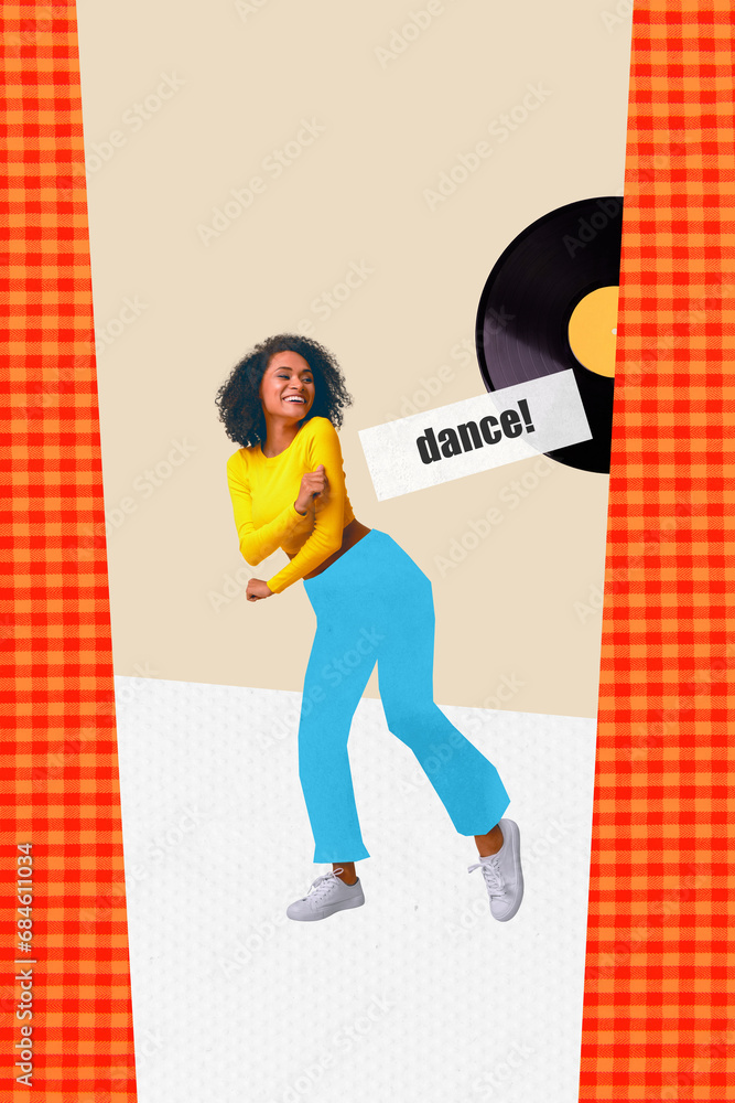 Vertical collage picture poster of funky girl dancing on stage boogie ...