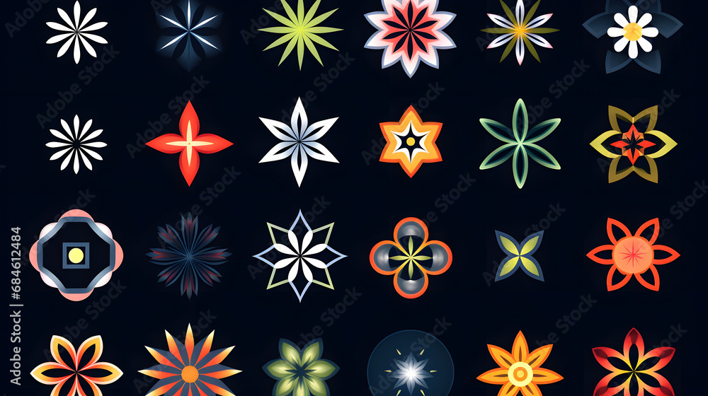 Collection of star and flower geometric shapes, inspired by Brutalism ...