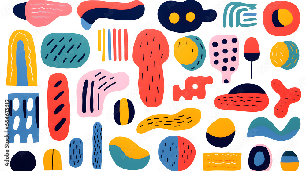 Set of hand painted colorful various shapes, curls, forms, arches ...