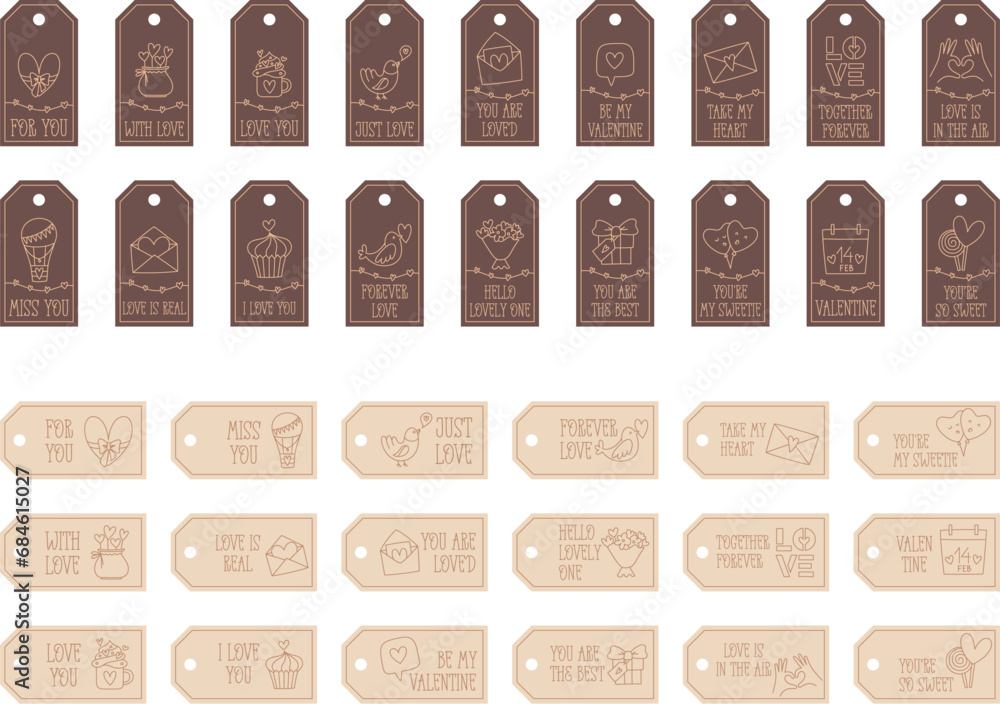 Valentines Day printable tags template in doodle style, hand-drawn love ...