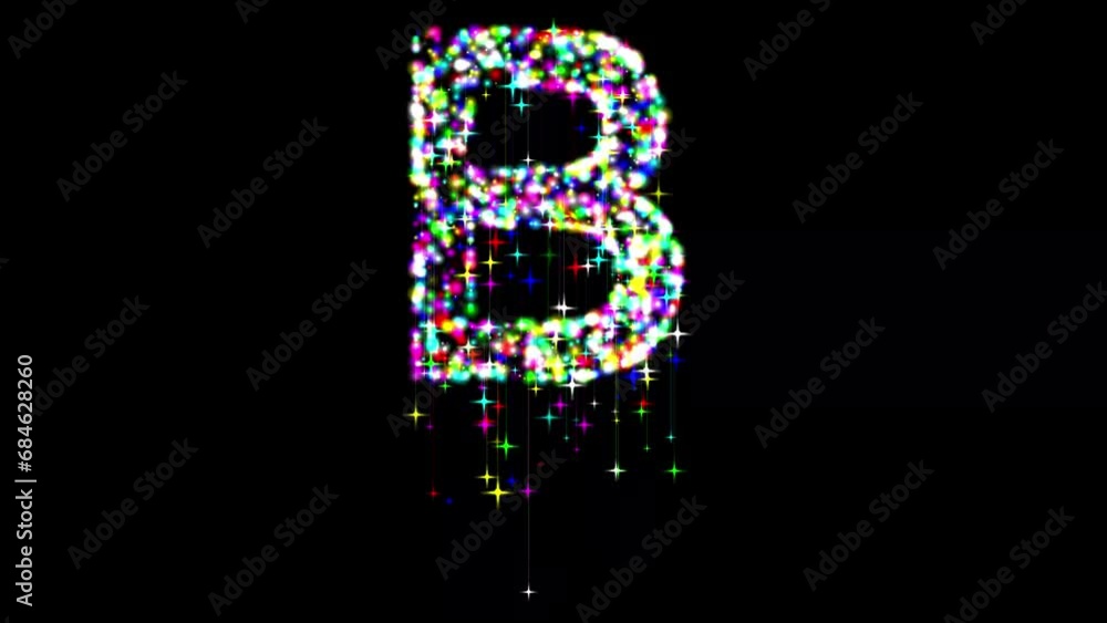 English alphabet B with colorful glitter sparkles and falling stars on ...
