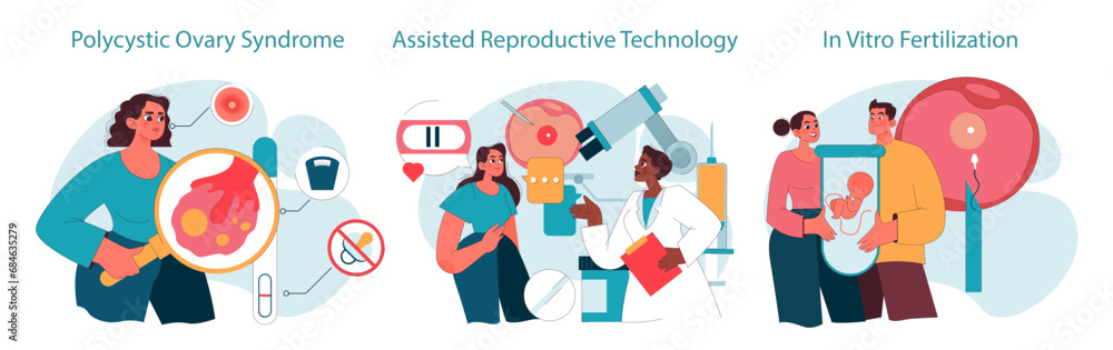 Reproductive health set. Couples facing conception challenges, medical ...