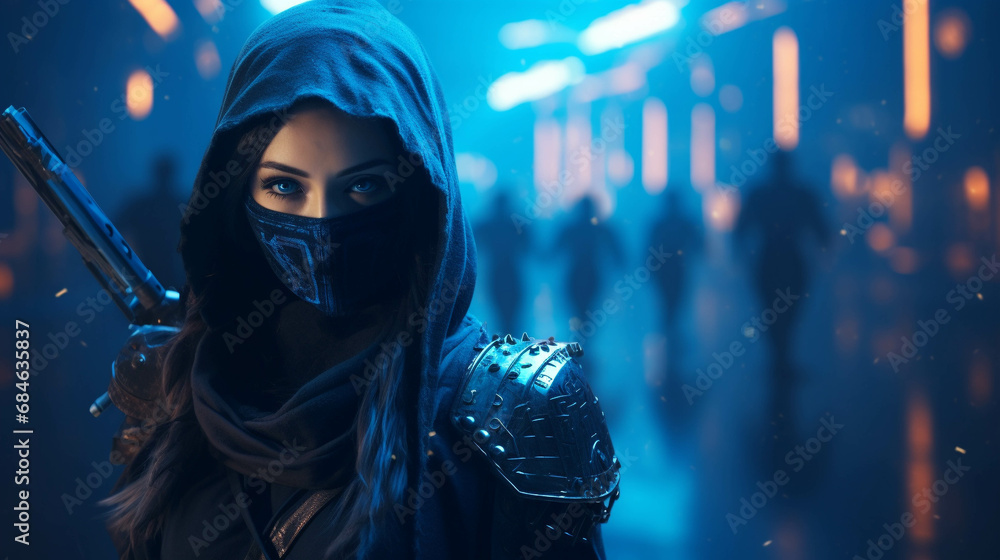 blue samurai ninja, deadly warrior in the shadows, terrifying assassin ...