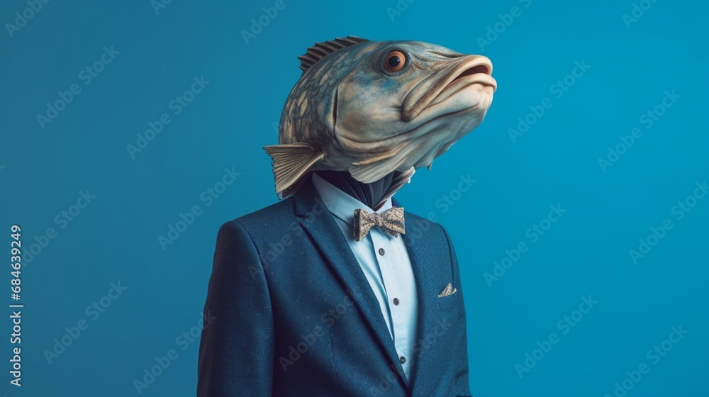 human body whith fish head wearing suit blue background.Generative AI ...