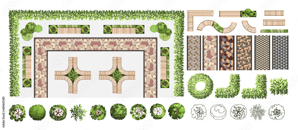 Top view elements for the landscape design plan. Trees, tiles, and ...