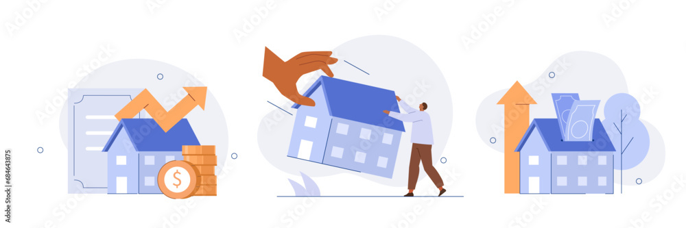 Housing crisis concept illustration. Character not able to pay bank ...