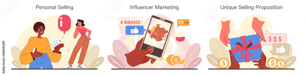 Promotion strategy set. Illustrates personal selling, influencer ...