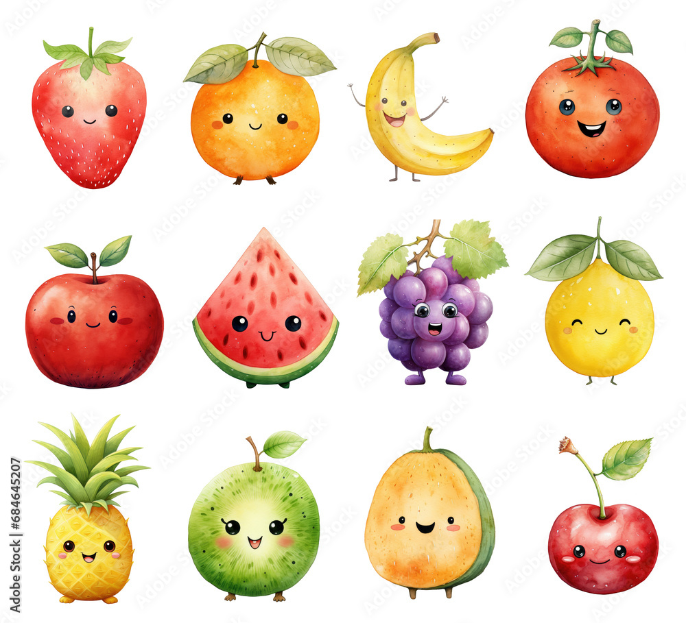 Watercolor Cute Fruits Set. Set of Adorable Fruit Characters Clipart ...