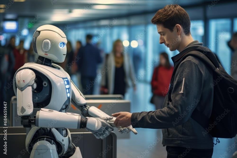 robot gives a ticket to a passenger at the airport, super-realistic ...