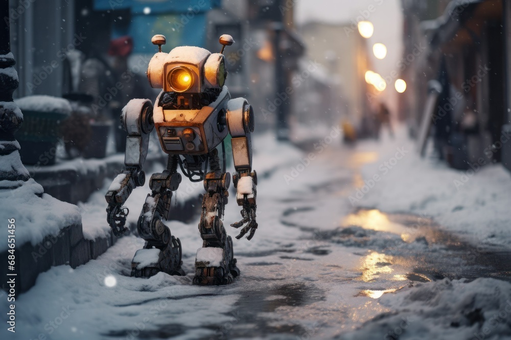 robot clears snow on the street, super realistic photo in high quality ...