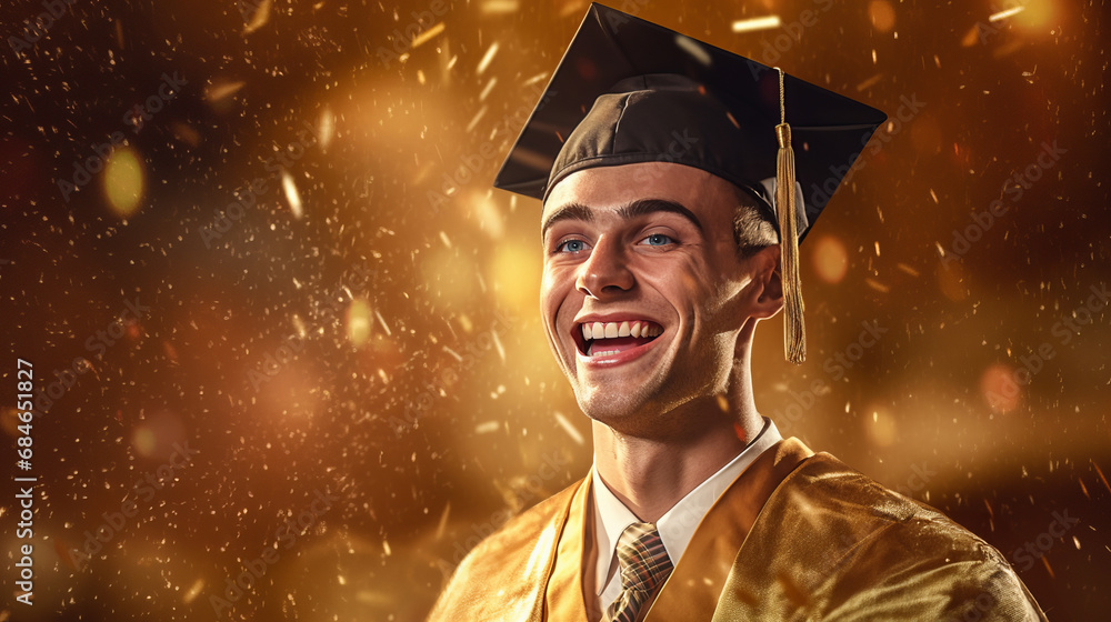 Happy young man wearing graduation cap and gown, smiling young guy ...