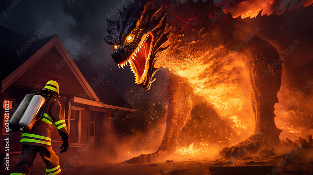 Firefighter bravely confronts sinister fire dragon amidst house fire ...