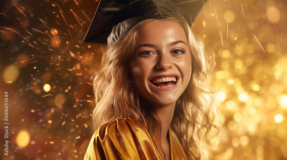 Happy young woman wearing graduation cap and gown, smiling young girl ...