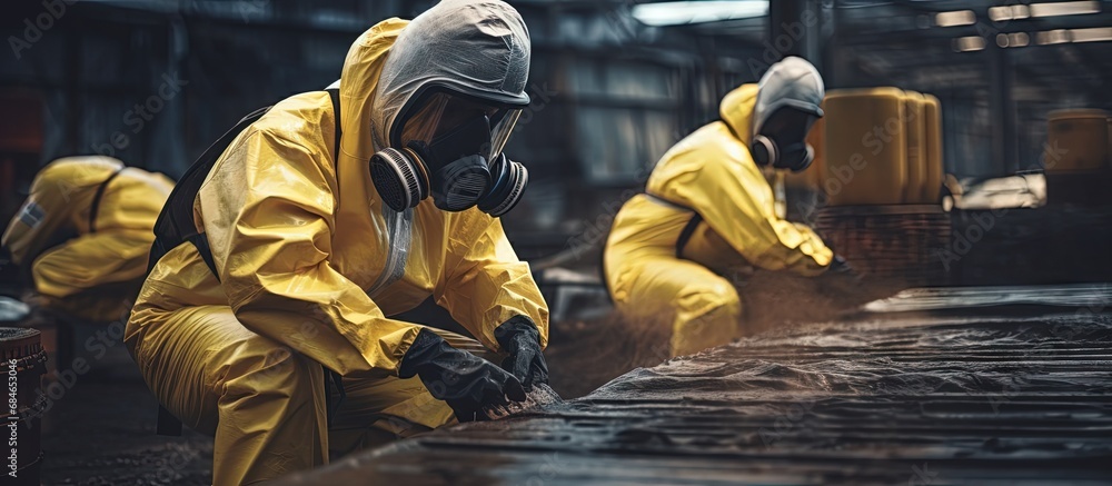 Checking chemicals in an old factory requires workers to wear ...