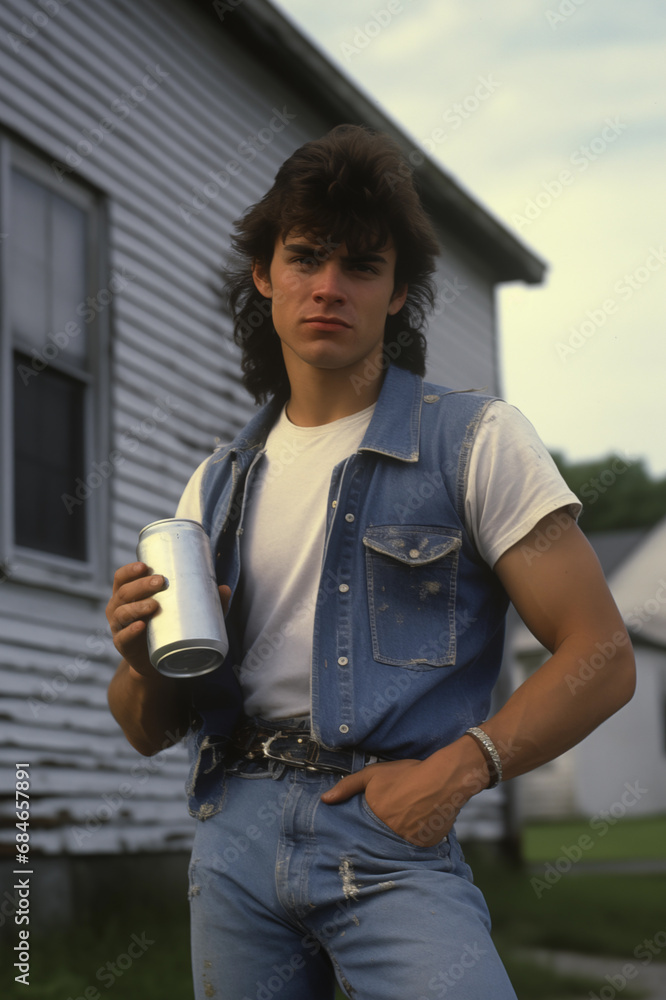 Funny man with a 80s fashion style - mullet hairstyle - holding a can ...