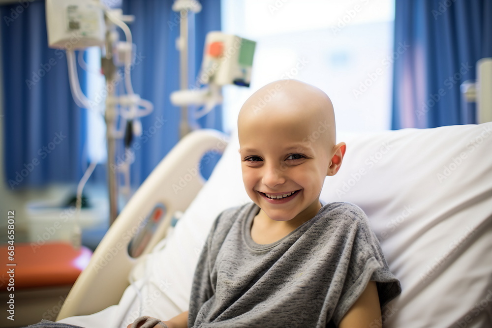 bald boy in the bed in cancer hospital Stock Photo | Adobe Stock