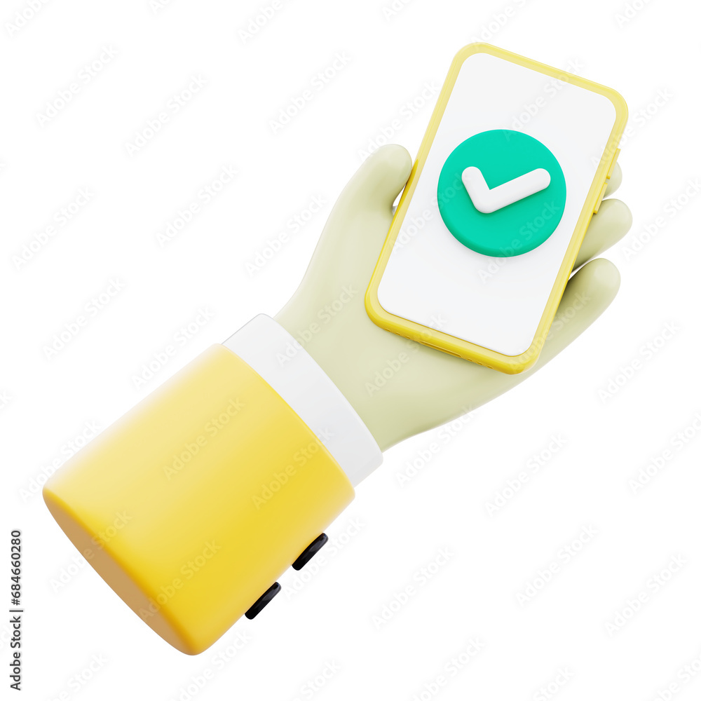 Hand holding mobile phone with checkmark icon. Success complete symbol ...