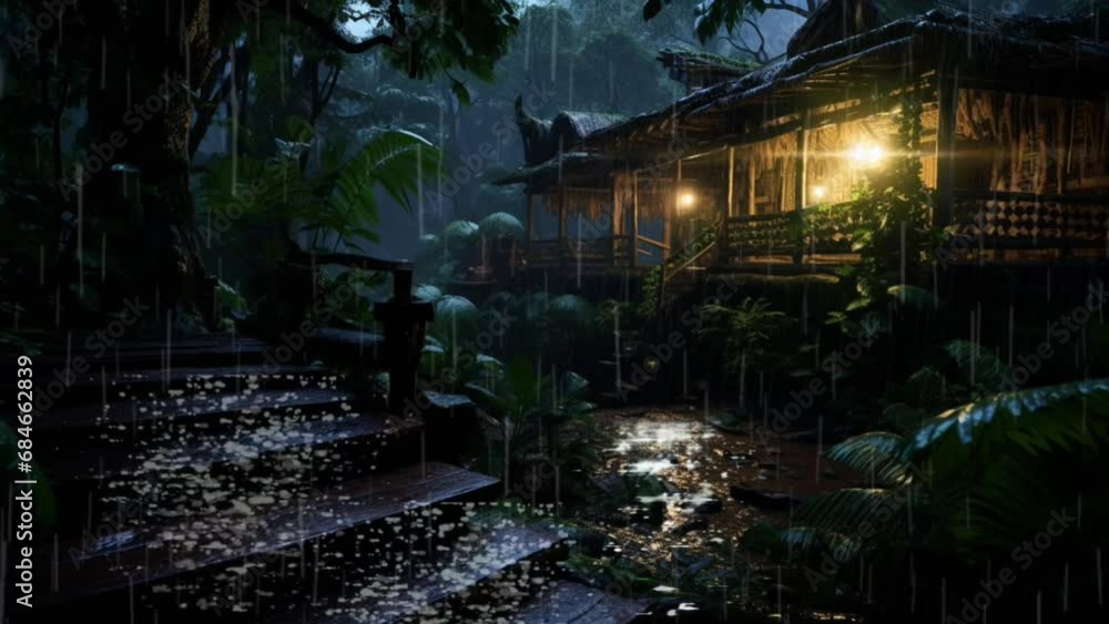 Animation Rain Relaxing Cabin Jungle. seamless looping video background ...
