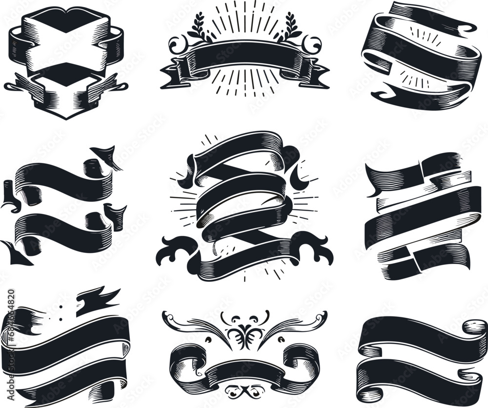 Graphic set of simple rectangle ribbons Vector black shape Image white ...