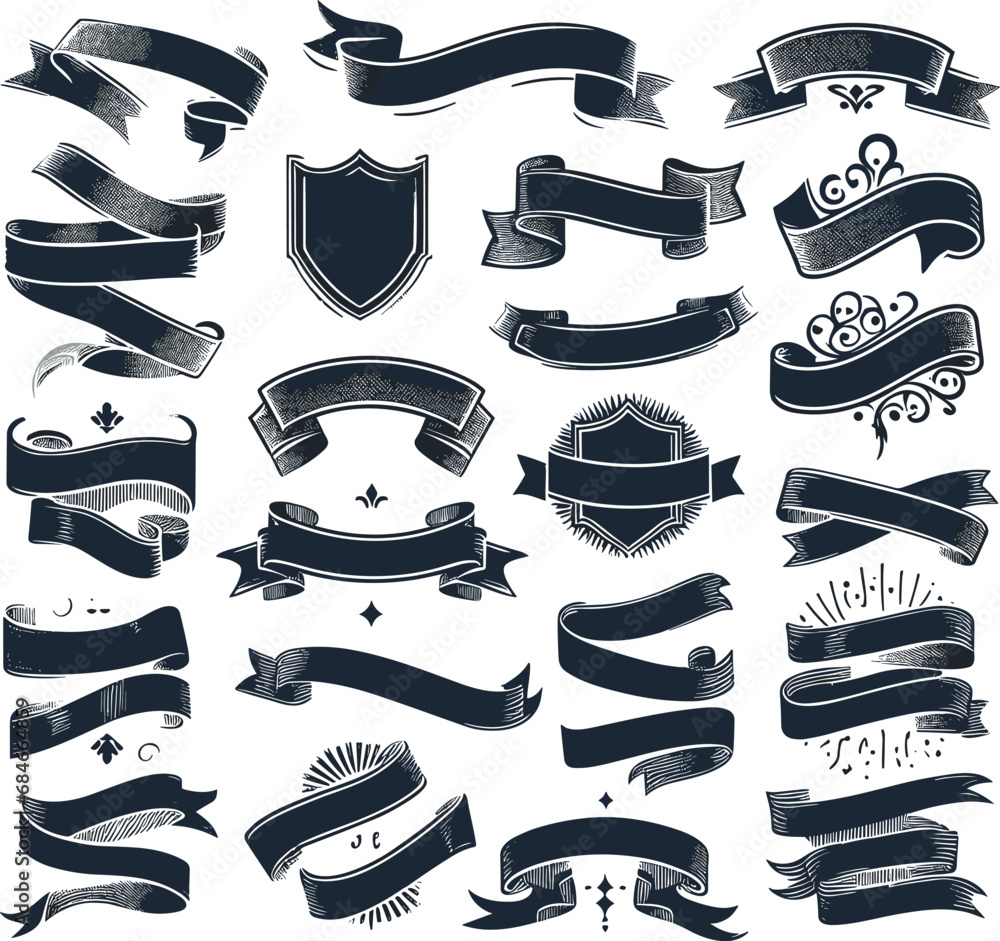 Graphic set of simple rectangle ribbons Vector black shape Image white ...