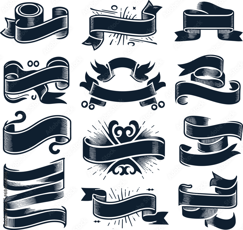 Graphic set of simple rectangle ribbons Vector black shape Image white ...