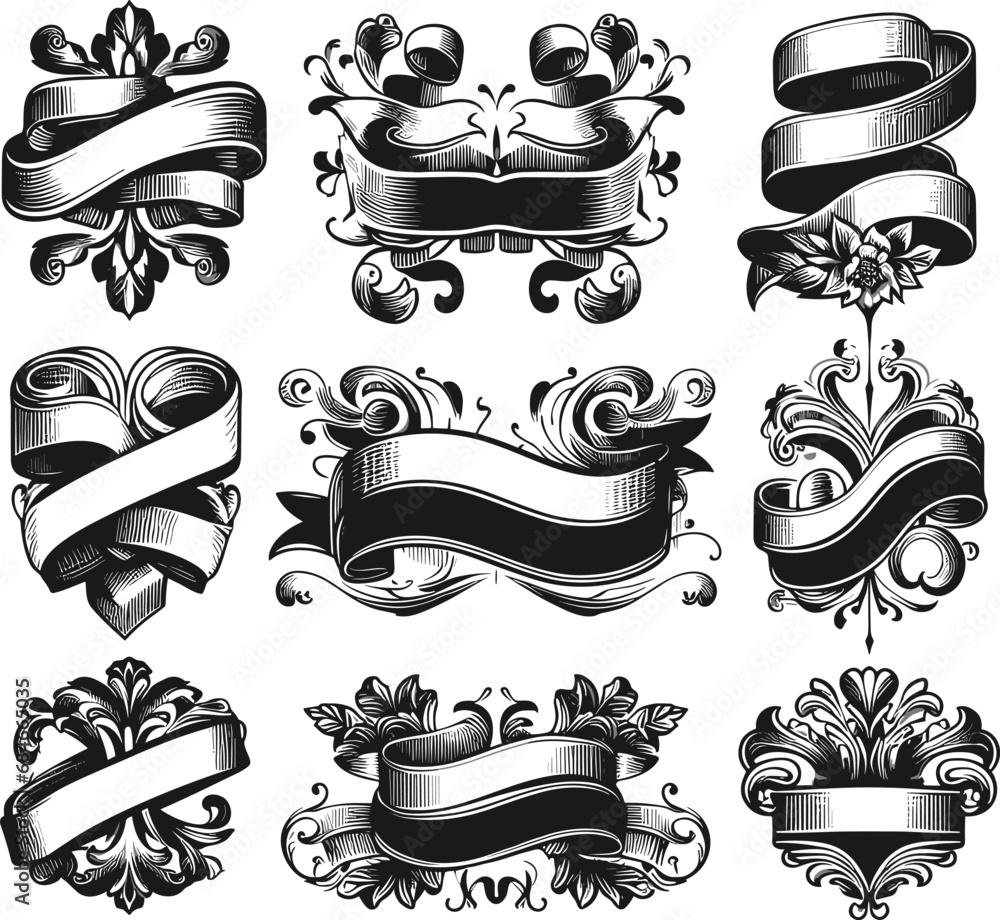 Graphic set of simple rectangle ribbons Vector black shape Image white ...