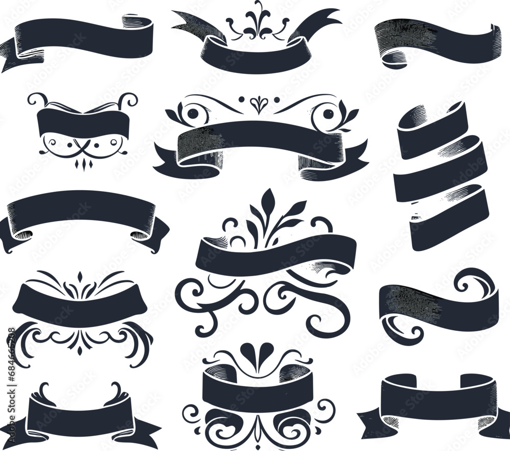 Graphic set of simple rectangle ribbons Vector black shape Image white ...
