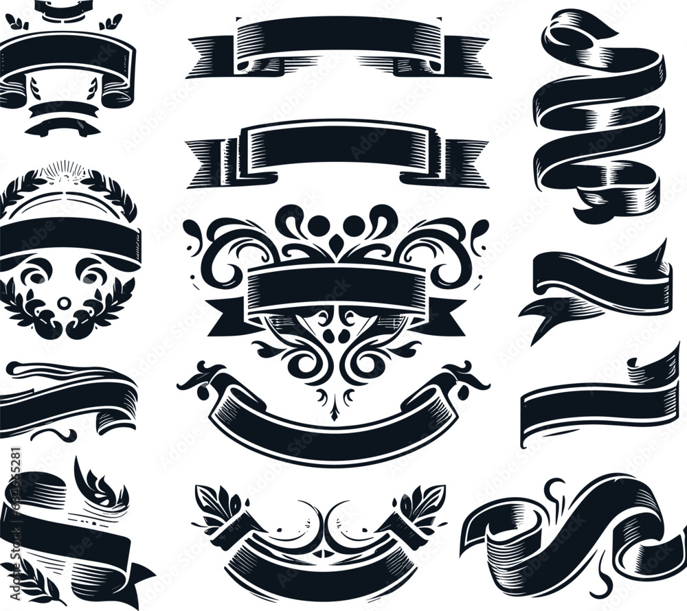 Graphic set of simple rectangle ribbons Vector black shape Image white ...