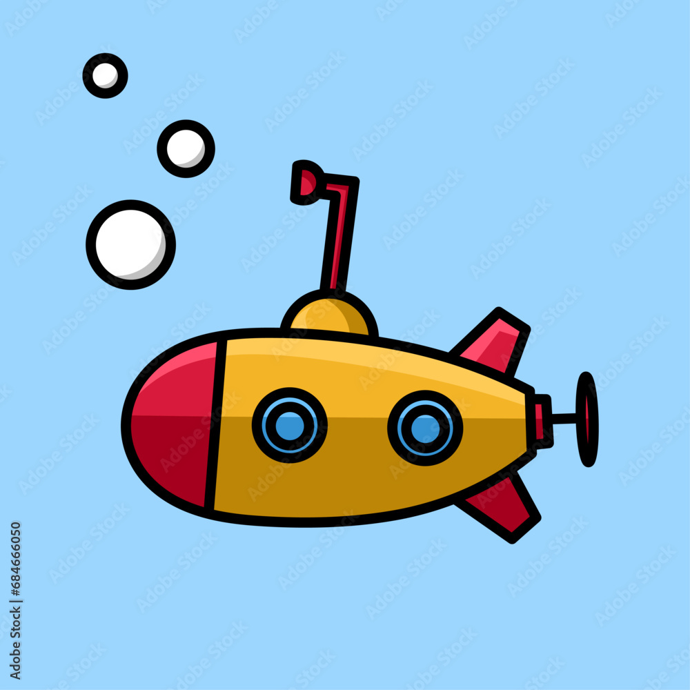 cartoon, cute, vector, submarine, illustration, transportation ...