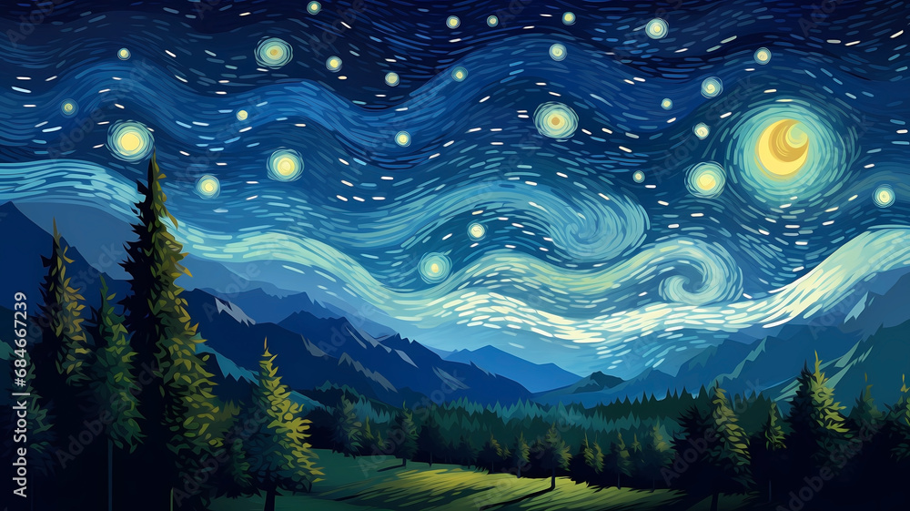 Hand-drawn beautiful illustration of Van Gogh's Impressionist night ...