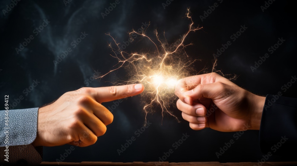 An Electrifying Encounter: Two Hands Pointing At Each Other With a ...