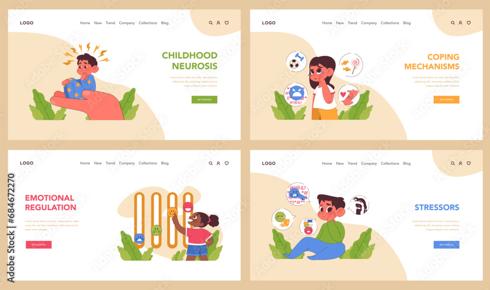 Childhood neurosis web or landing set. Children feeling anxious and ...