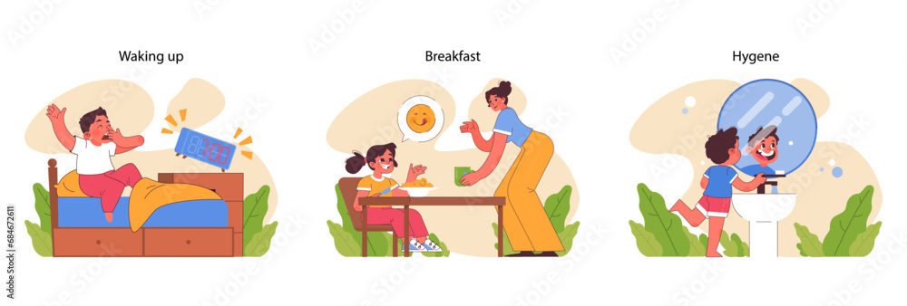 Child's daily routine set. Kids experiencing daily routine moments ...